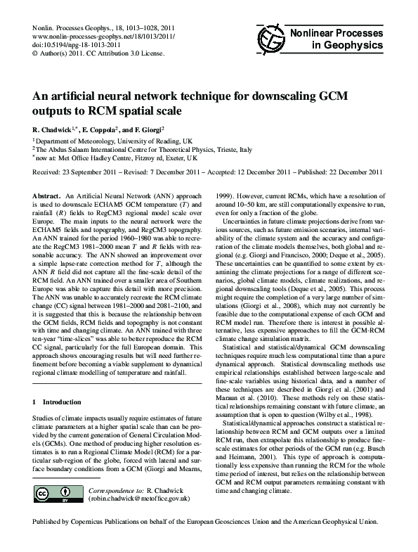 (PDF) An artificial neural network technique for downscaling GCM ...