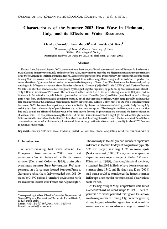 (PDF) The Summer 2003 Heat Wave in Europe and in Piedmont: a sampling ...