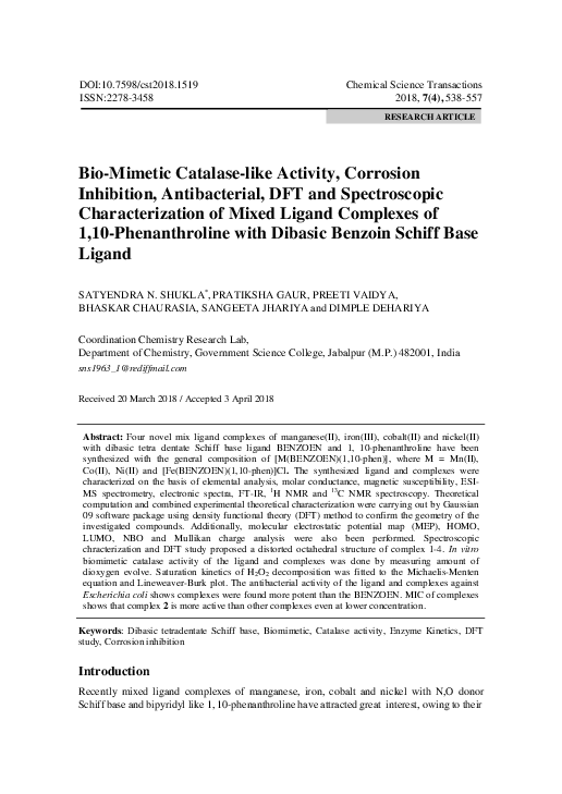 (PDF) Bio-Mimetic Catalase-like Activity, Corrosion Inhibition, Antibacterial, DFT and ...
