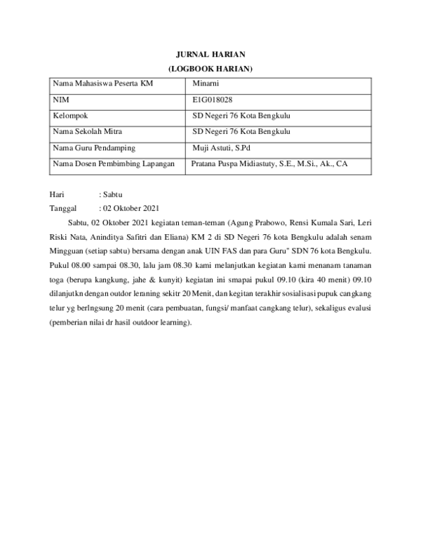 (PDF) Laporan Harian (Logbook) Kampus Mengajar