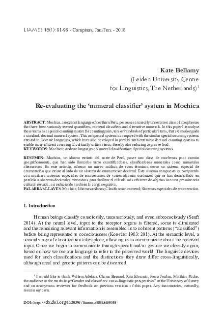 (PDF) Re-evaluating the ‘numeral classifier’ system in Mochica