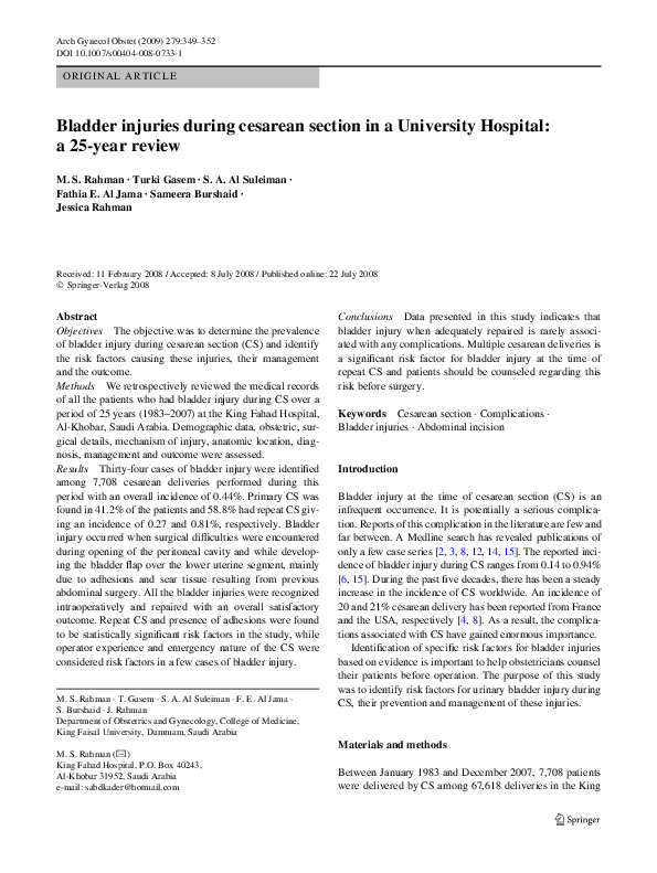 (PDF) Bladder injuries during cesarean section in a University Hospital ...