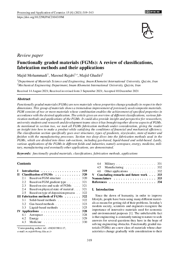 (PDF) Functionally graded materials (FGMs): A review of classifications, fabrication methods and ...