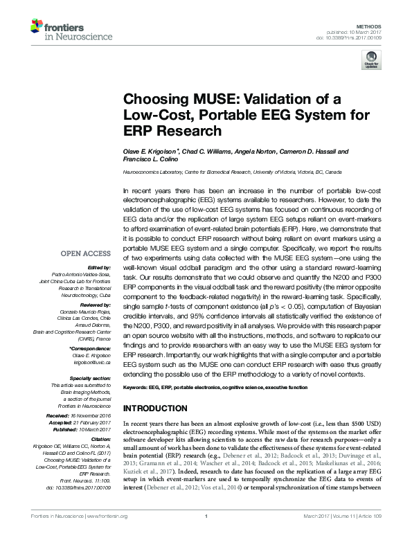 Pdf Choosing Muse Validation Of A Low Cost Portable Eeg System For Erp Research Francisco
