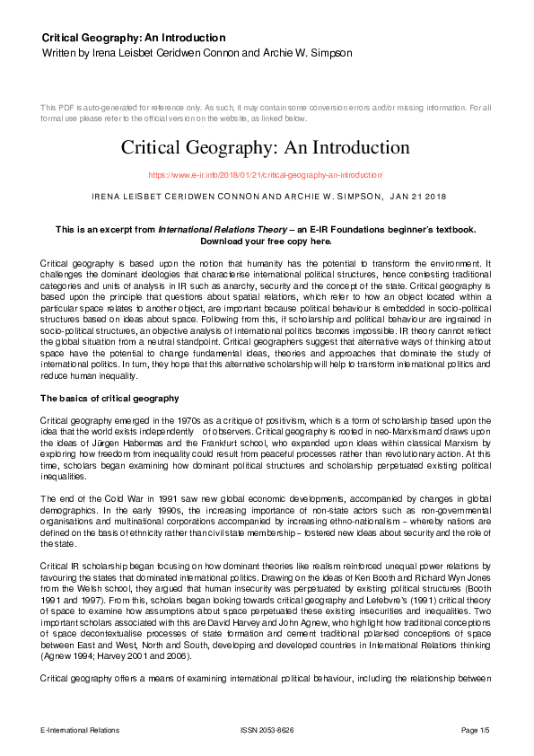 (PDF) Critical Geography: An Introduction