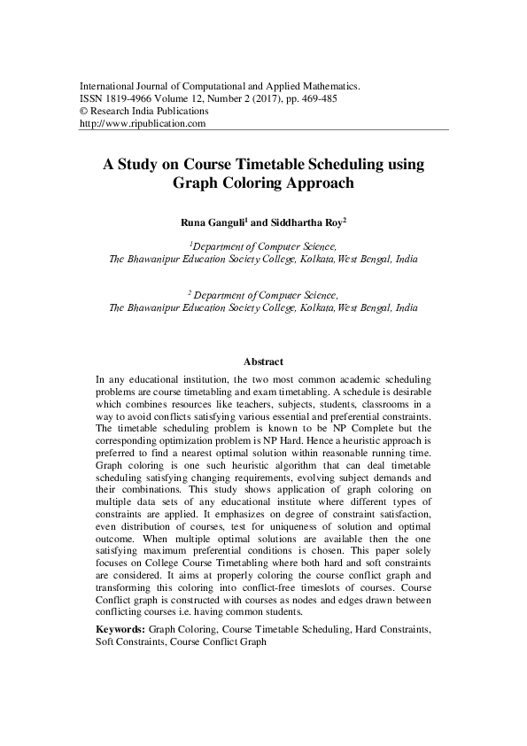 (PDF) A Study on Course Timetable Scheduling using Graph Coloring Approach