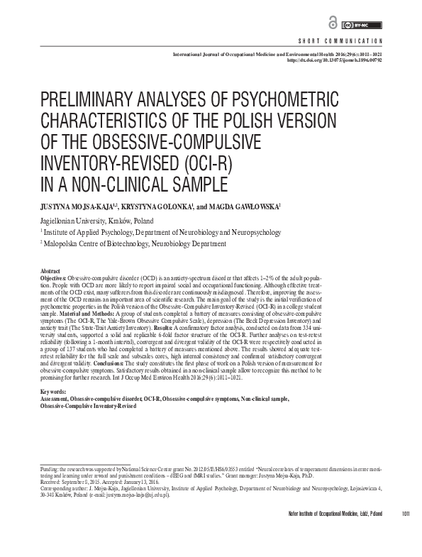 (PDF) Preliminary analyses of psychometric characteristics of the ...