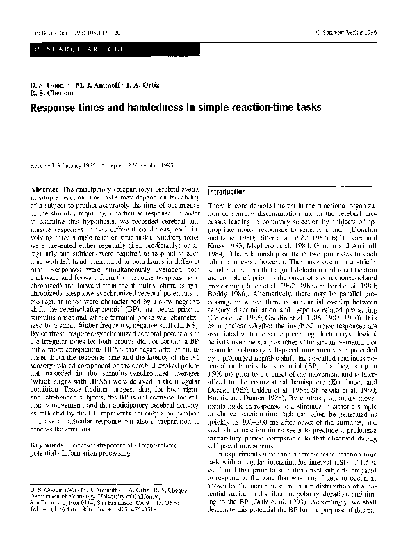 (PDF) Response times and handedness in simple reaction-time tasks