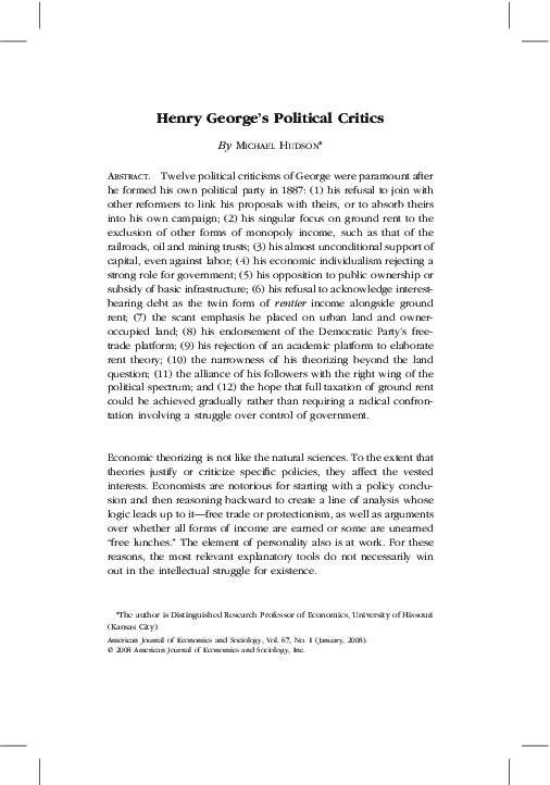(PDF) Henry George's Political Critics