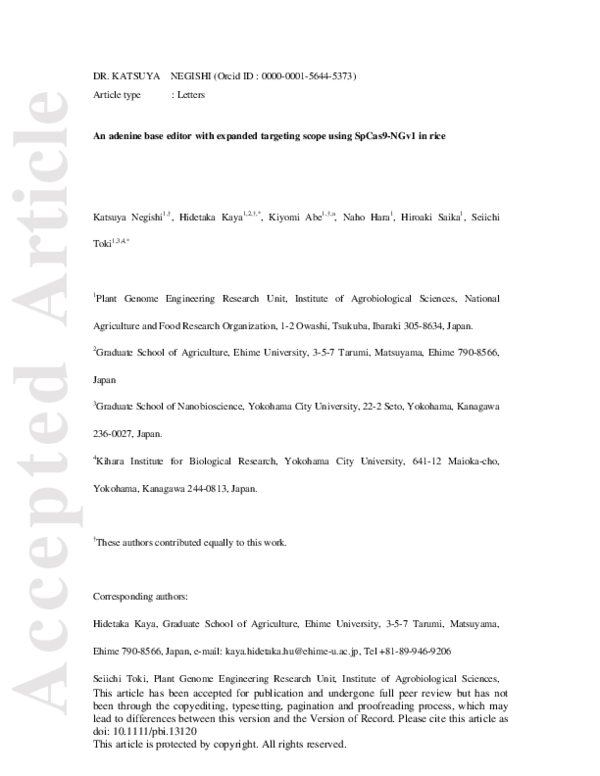 (PDF) An adenine base editor with expanded targeting scope using SpCas9‐ NG v1 in rice