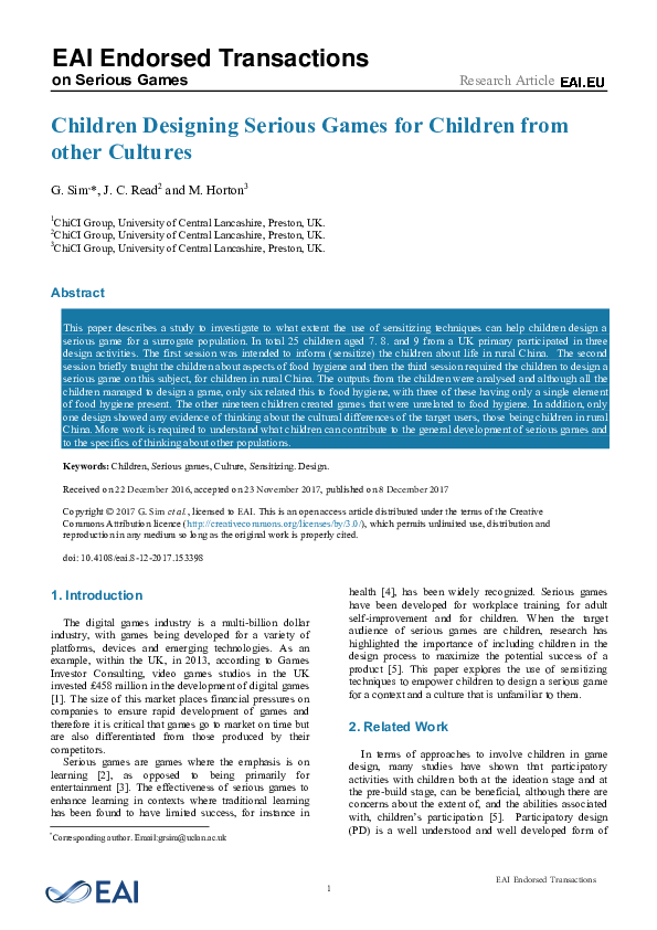 (PDF) Children Designing Serious Games for Children from other Cultures