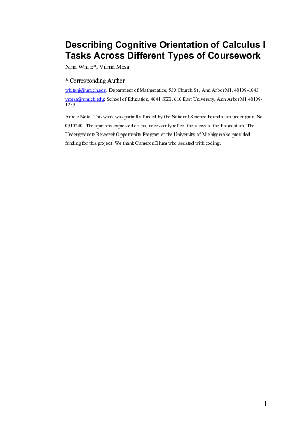 (PDF) Describing cognitive orientation of Calculus I tasks across ...