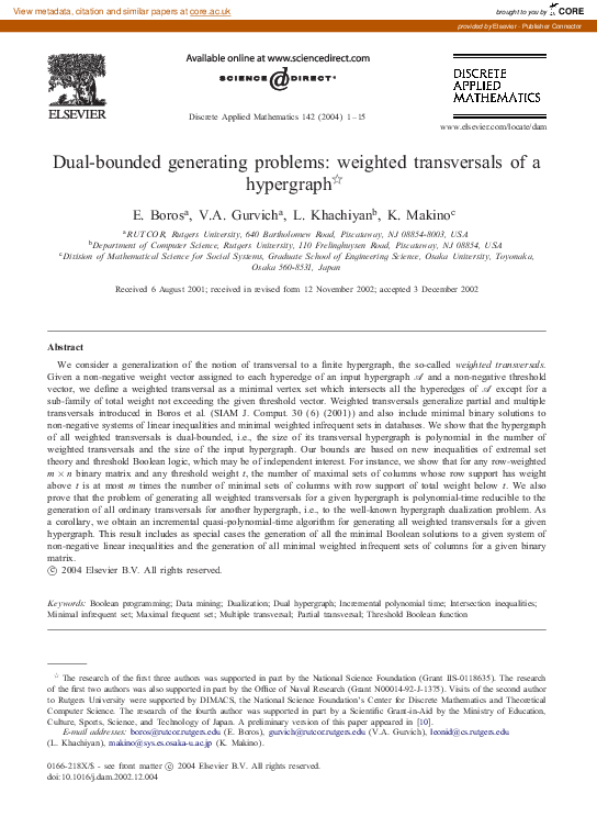 (PDF) Dual-bounded generating problems: weighted transversals of a hypergraph