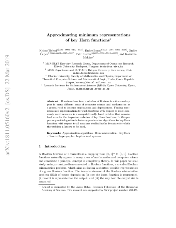 (PDF) Approximating minimum representations of key Horn functions (PDF) Approximating minimum representations of key Horn functions