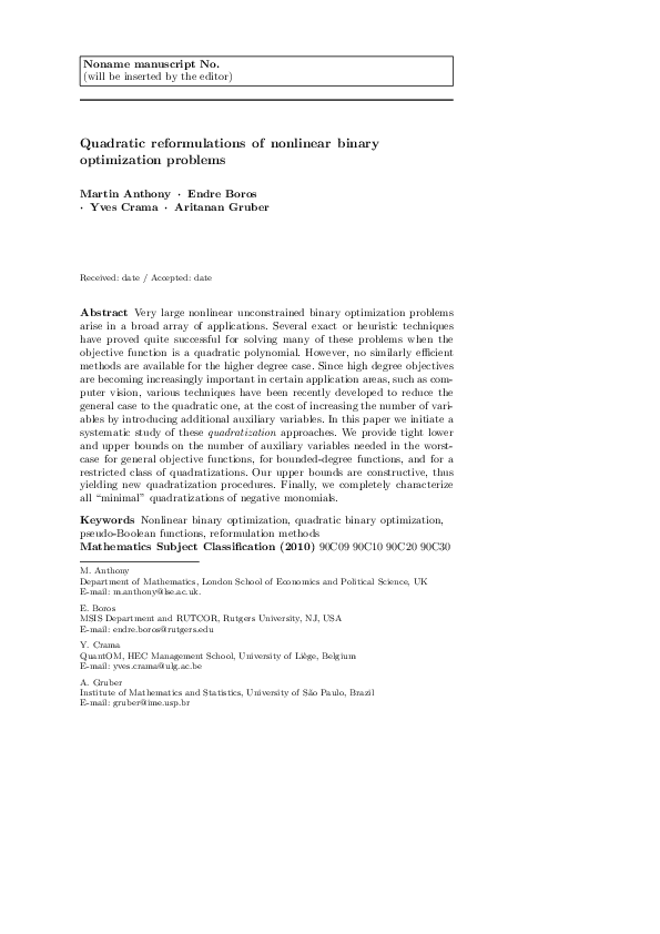 (PDF) Quadratic reformulations of nonlinear binary optimization problems