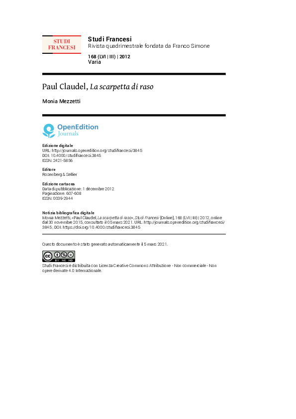 (PDF) Paul Claudel, La scarpetta di raso