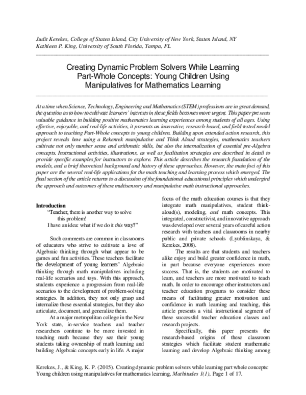 (PDF) Creating Dynamic Problem Solvers While Learning Part-Whole Concepts: Young Children Using ...