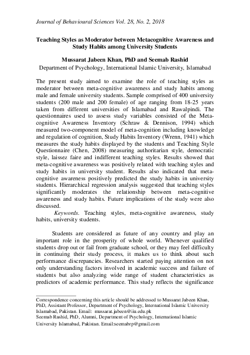 (PDF) Teaching Styles as Moderator between Metacognitive Awareness and ...