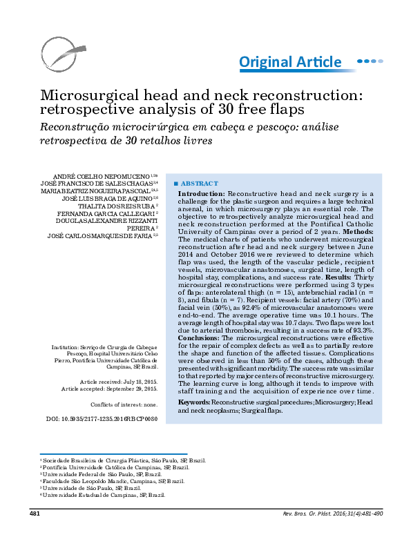 (PDF) Microsurgical head and neck reconstruction: retrospective analysis of 30 free flaps