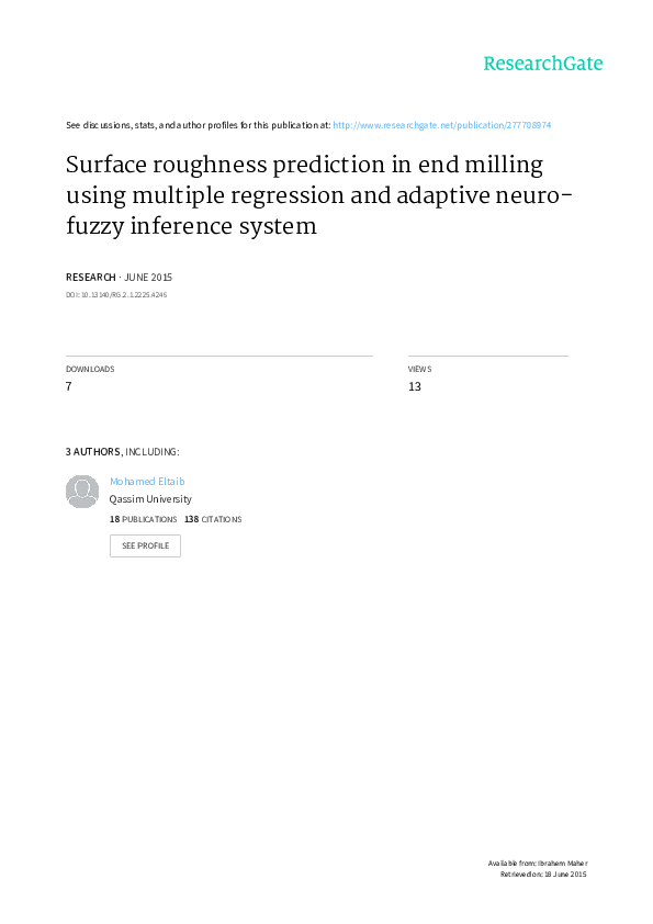 (PDF) Surface roughness prediction in end milling using multiple regression and adaptive neuro ...