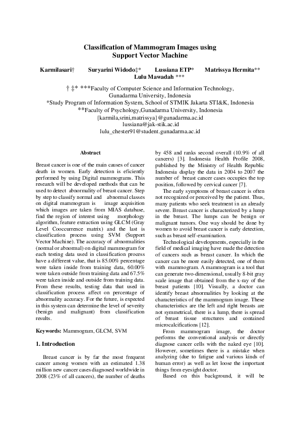 (PDF) Classification of Mammogram Images using Support Vector Machine