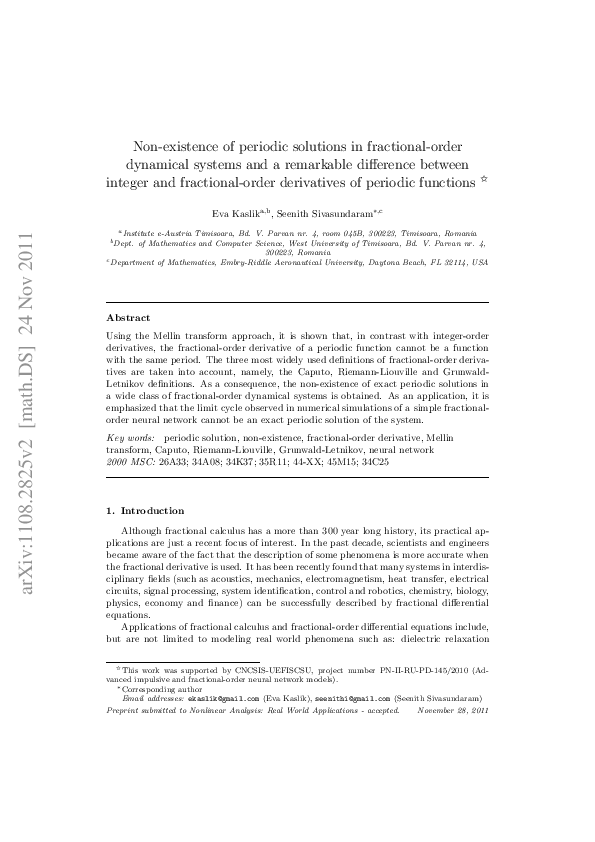 (PDF) Non-existence of periodic solutions in fractional-order dynamical systems and a remarkable ...