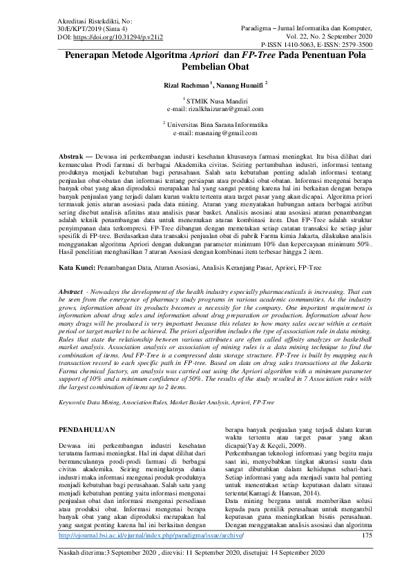 (PDF) Penerapan Metode Algoritma Apriori dan FP-Tree Pada Penentuan Pola Pembelian Obat
