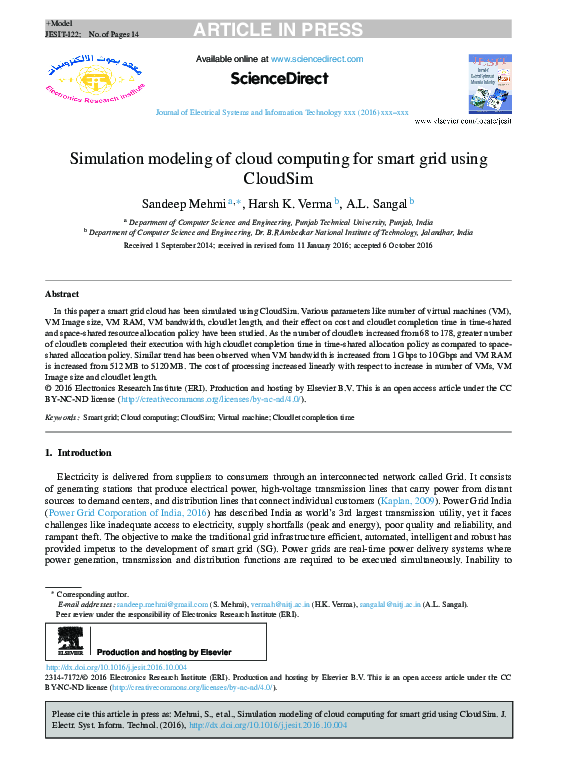 (PDF) Simulation modeling of cloud computing for smart grid using CloudSim