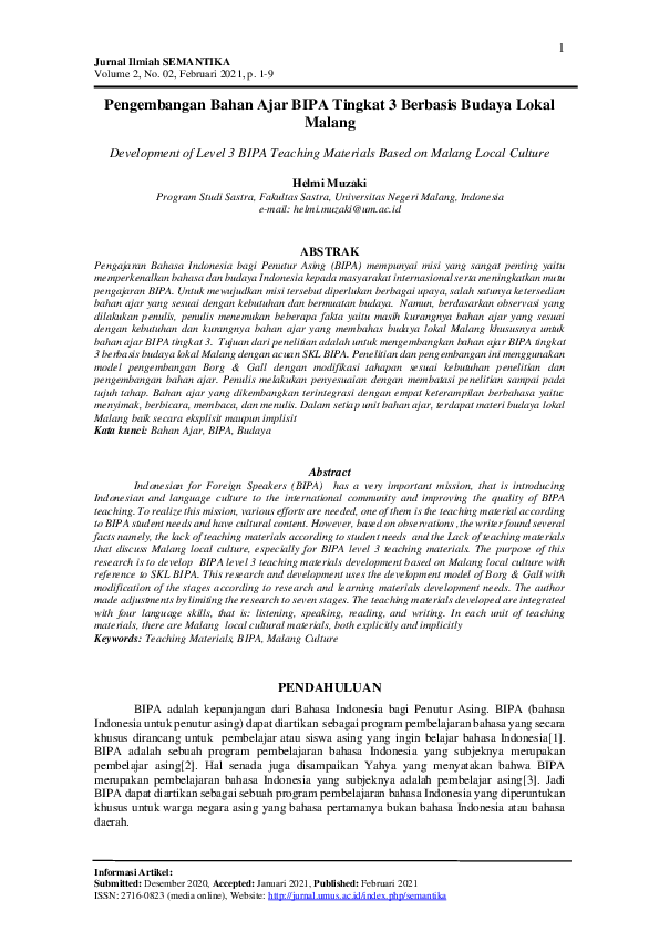 (PDF) Development of Level 3 BIPA Teaching Materials Based on Malang Local Culture