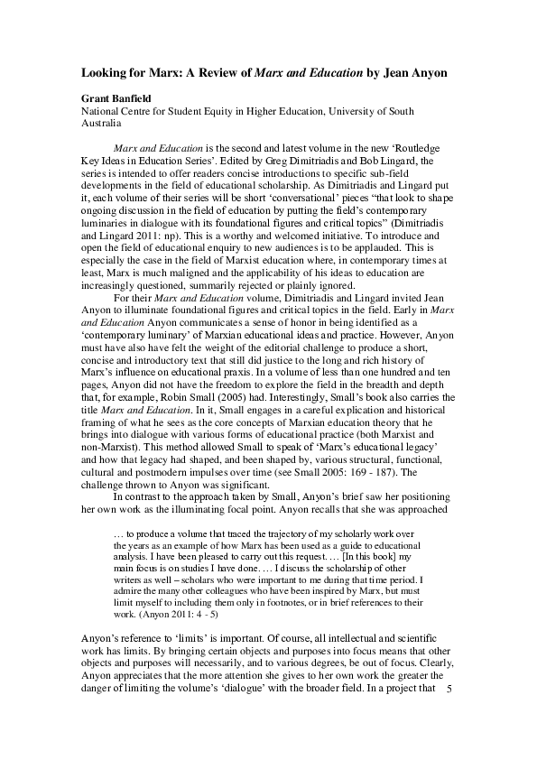 (PDF) Looking for Marx: A Review of "Marx and Education" by Jean Anyon