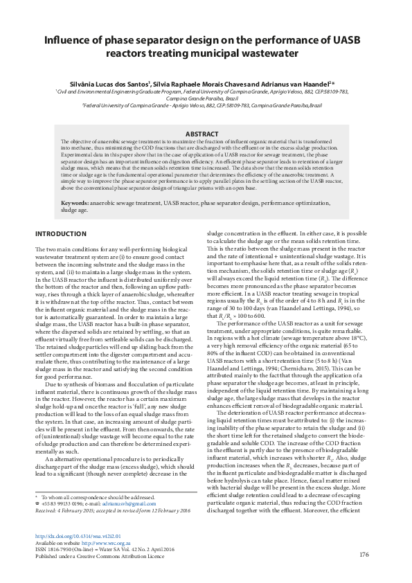 (PDF) Influence of phase separator design on the performance of UASB ...