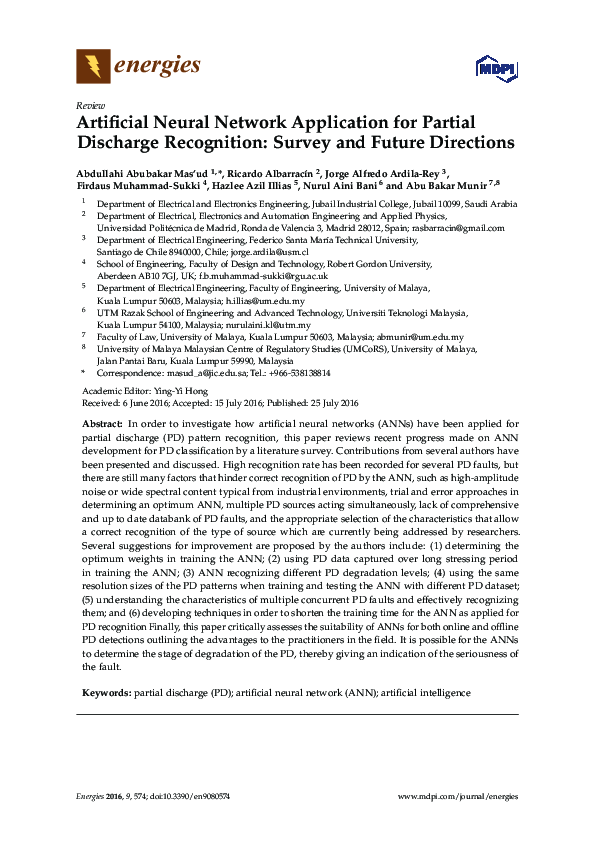Pdf Artificial Neural Network Application For Partial Discharge Recognition Survey And Future
