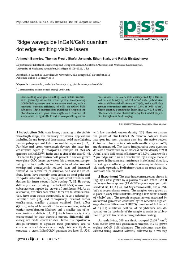 (PDF) Ridge waveguide InGaN/GaN quantum dot edge emitting visible lasers