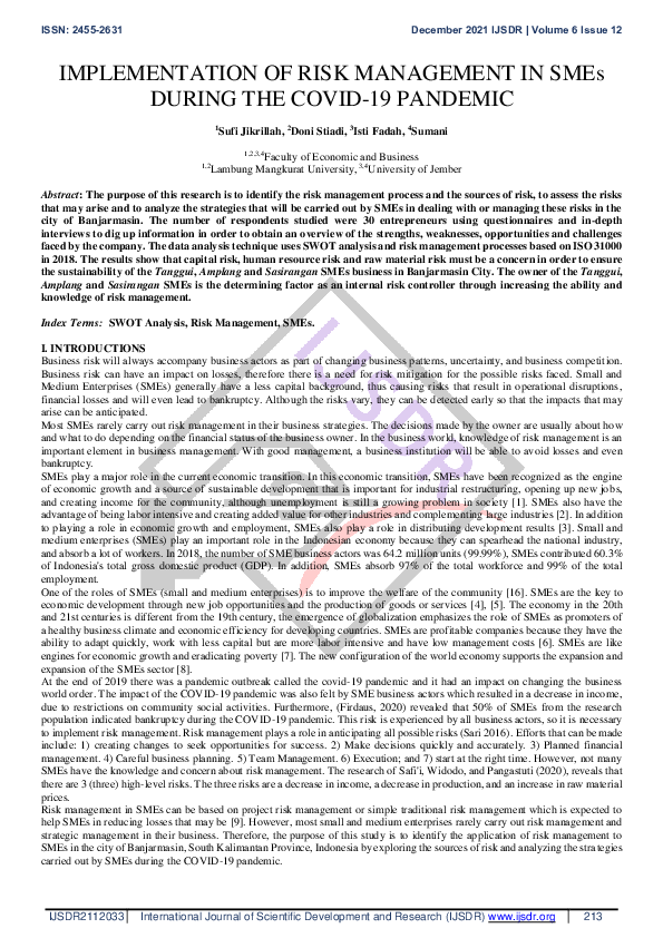 (PDF) IMPLEMENTATION OF RISK MANAGEMENT IN SMEs DURING THE COVID-19 ...