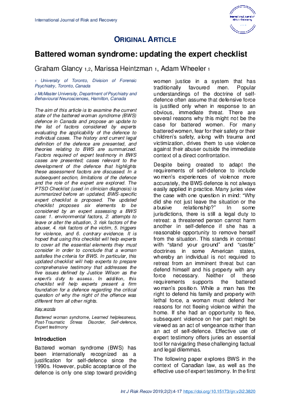 (PDF) Battered woman syndrome: updating the expert checklist | Graham ...