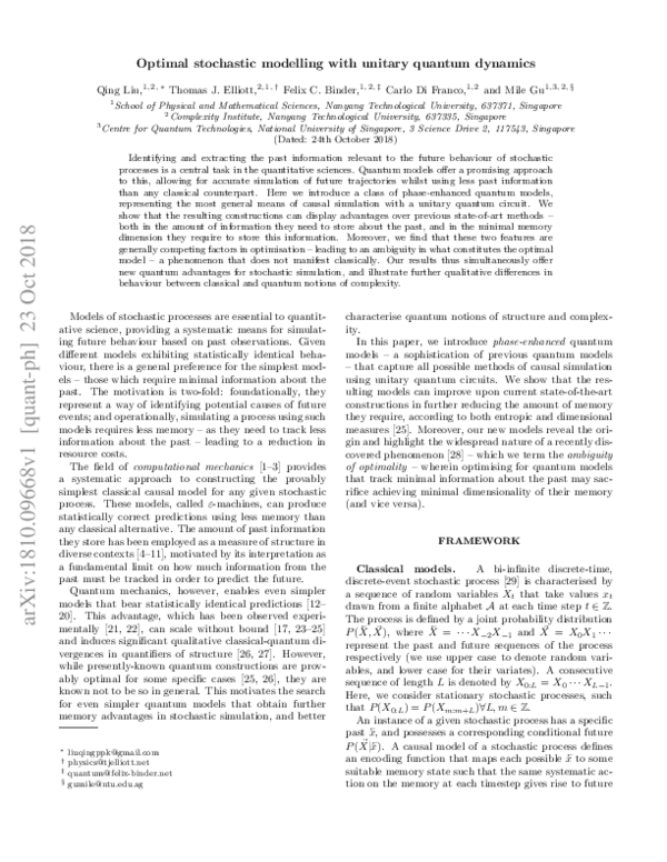 (PDF) Optimal stochastic modelling with unitary quantum dynamics | Mile Gu - Academia.edu