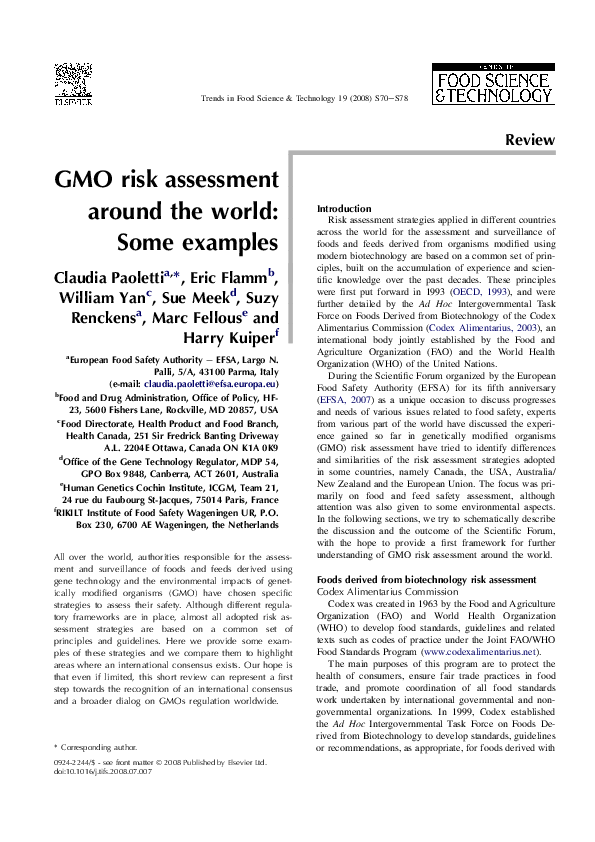 (PDF) GMO risk assessment around the world: Some examples