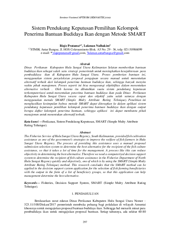 (PDF) Sistem Pendukung Keputusan Pemilihan Kelompok Penerima Bantuan Budidaya Ikan Dengan Metode ...