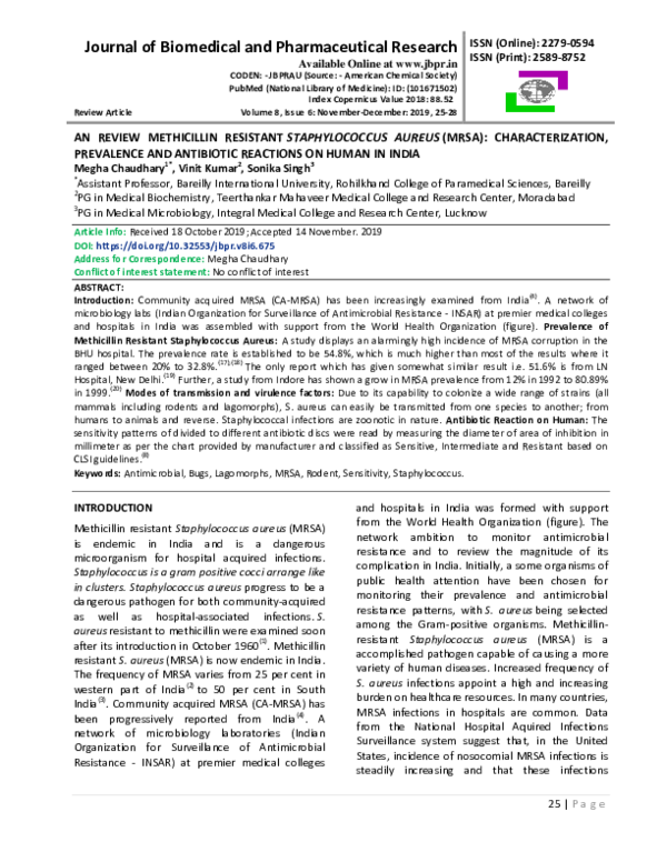 (PDF) An Review Methicillin Resistant Staphylococcus Aureus (Mrsa): Characterization, Prevalence ...