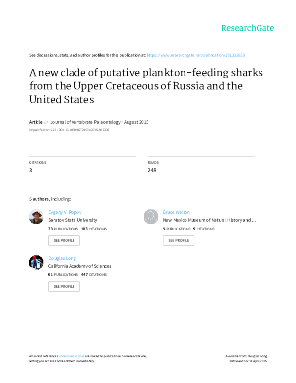 (PDF) A new clade of putative plankton-feeding sharks from the Upper ...