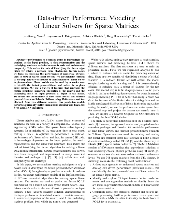 Pdf Data Driven Performance Modeling Of Linear Solvers For Sparse Matrices