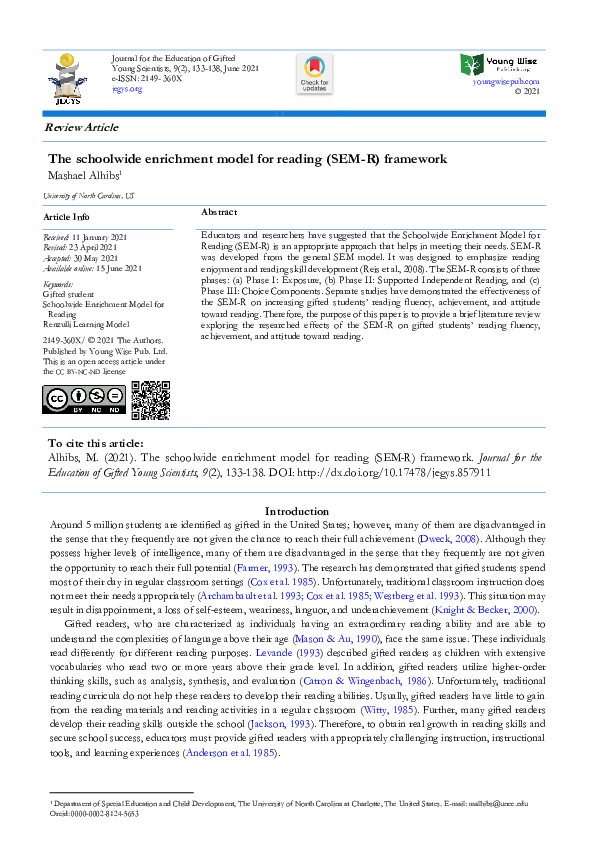 Pdf The Schoolwide Enrichment Model For Reading Sem R Framework