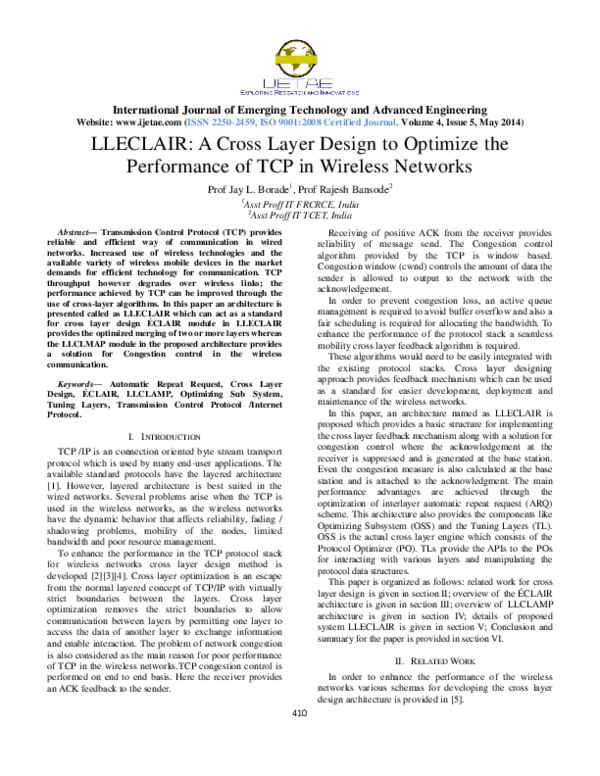 Pdf Lleclair A Cross Layer Design To Optimize The Performance Of Tcp