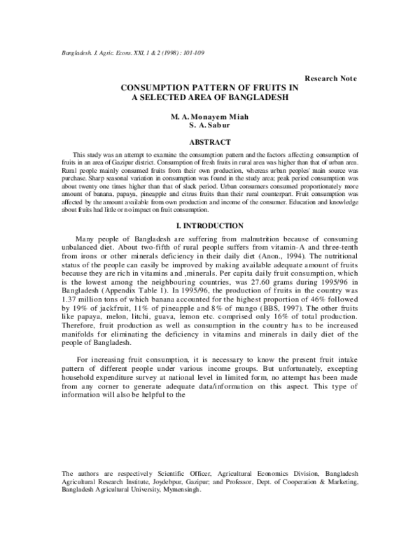 (PDF) Consumption Pattern of Fruits in a Selected Area of Bangladesh