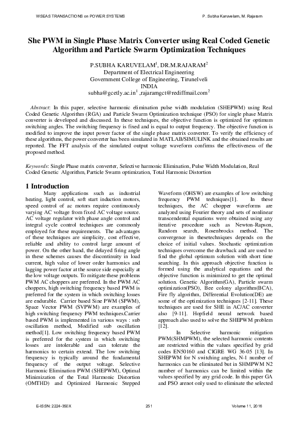 Pdf She Pwm In Single Phase Matrix Converter Using Real Coded Genetic Algorithm And Particle 