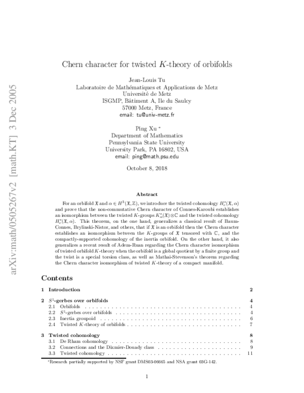 (PDF) Chern character for twisted K-theory of orbifolds | Ping Xu ...