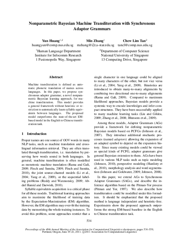 Pdf Nonparametric Bayesian Machine Transliteration With Synchronous