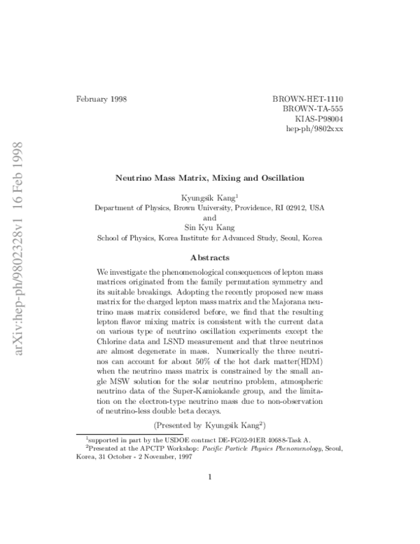 (PDF) Neutrino Mass Matrix, Mixing and Oscillation