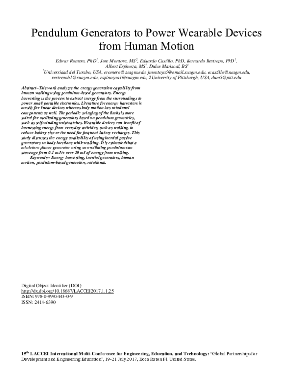 (PDF) Pendulum Generators to Power Wearable Devices from Human Motion
