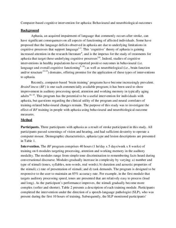 (PDF) Computer-based cognitive intervention for aphasia: Behavioural ...